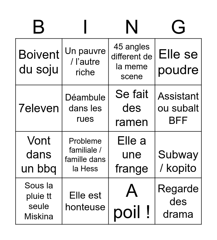 drama Coréen Bingo Card
