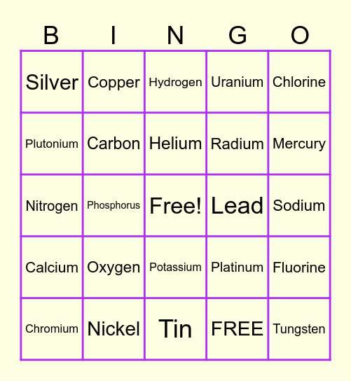 Table of Elements Bingo Card