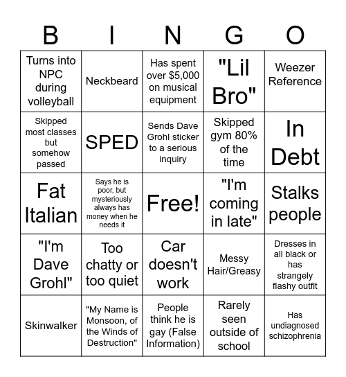 Dylan DiGiovanni Bingo Card