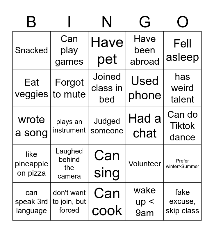 Things done in classroom Bingo Card