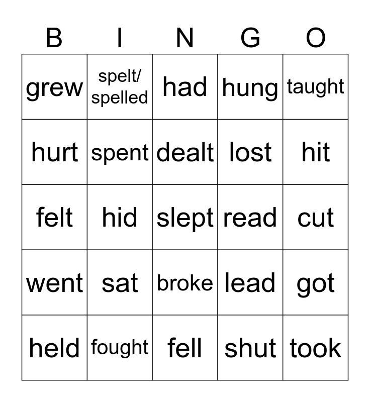90 IRREGULAR VERBS PAST SIMPLE FORM Bingo Card