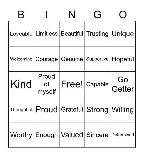 Self Esteem Bingo Card