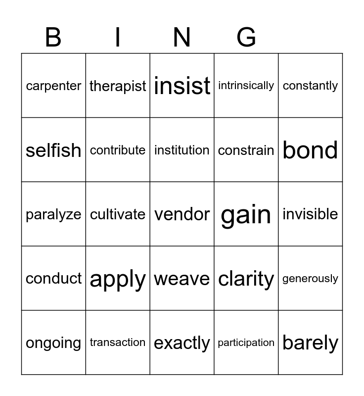 TED words Bingo Card