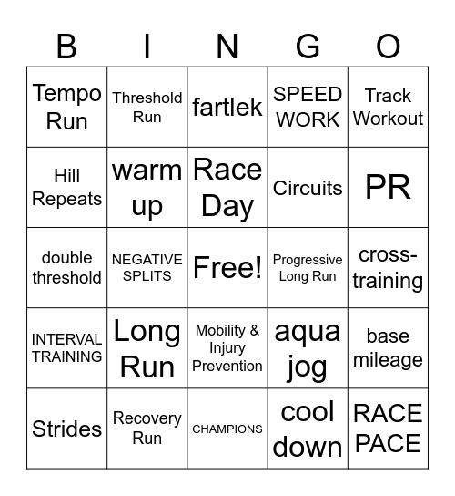 Cross Country Bingo Card