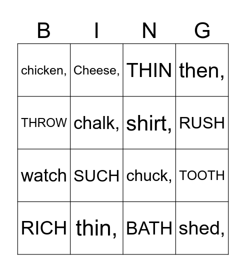 sh ch th DIAGRAPHS Bingo Card