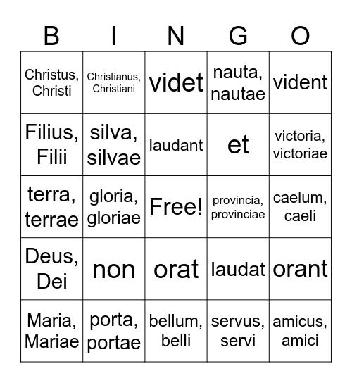 Latin Vocabulary (pink) Bingo Card