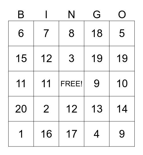 Math Bingo 1-20 Bingo Card