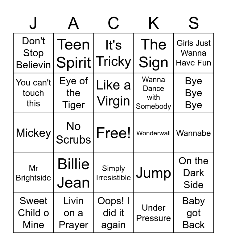 Throwback Hits Bingo Card