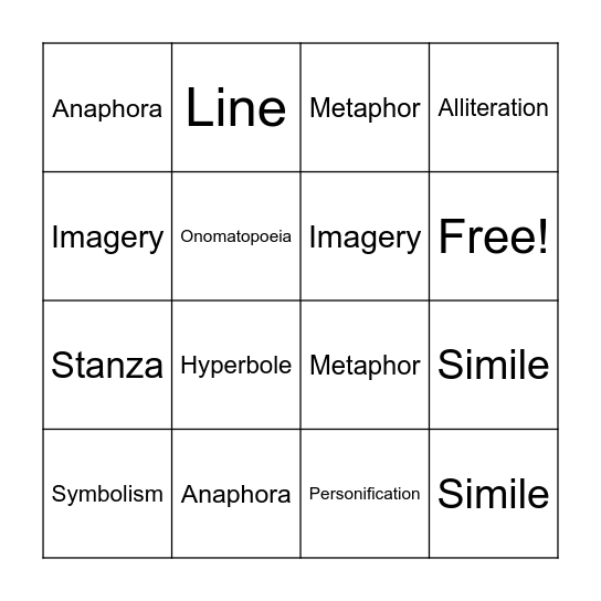 Poetry Bingo Card
