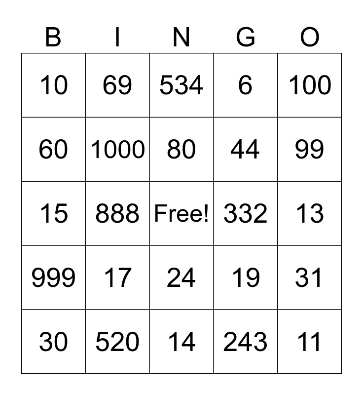 Números 1-1000 Bingo Card