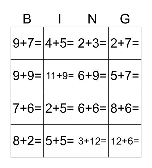 Addition Facts to 20 Bingo Card