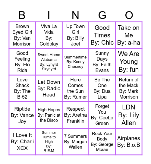 End Of Summer Music Bingo Round 1 Bingo Card