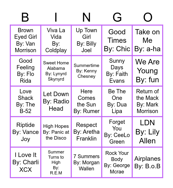 End Of Summer Music Bingo Round 1 Bingo Card