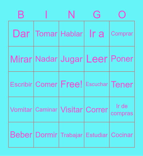 Spanish Verbs Bingo Card