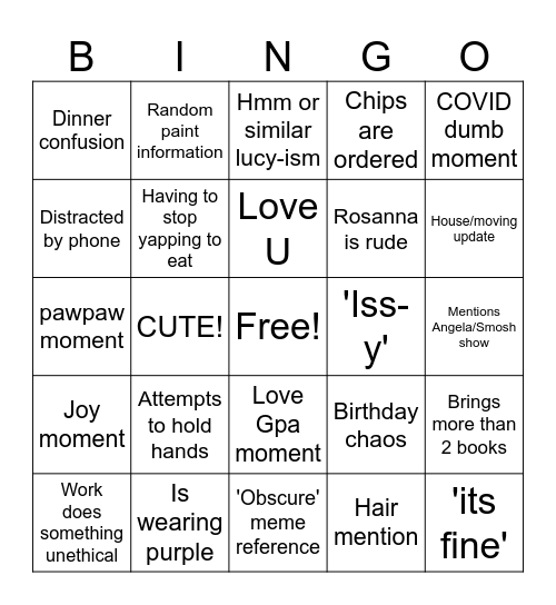 Lucy Coded Bingo Card