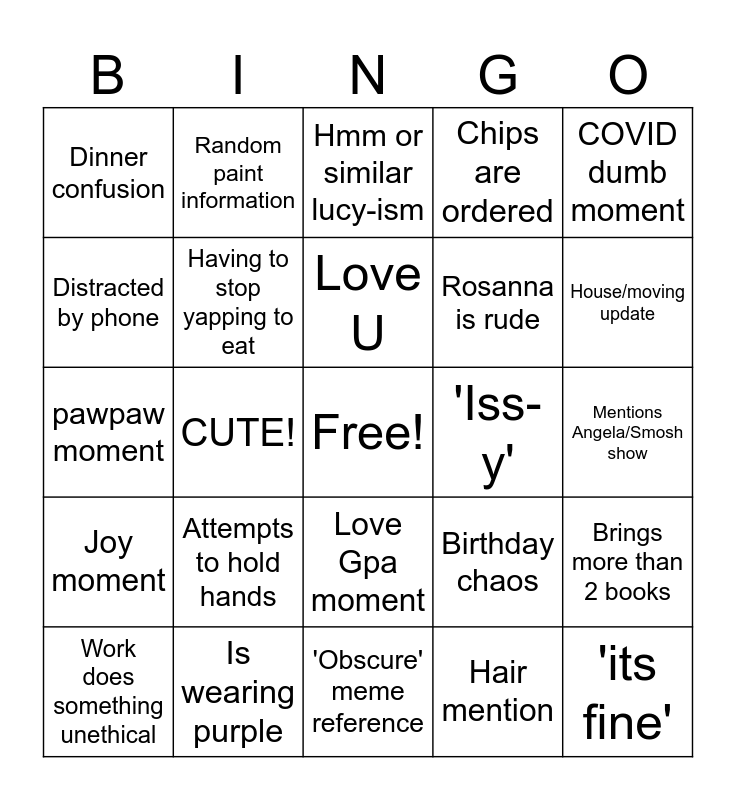 Lucy Coded Bingo Card