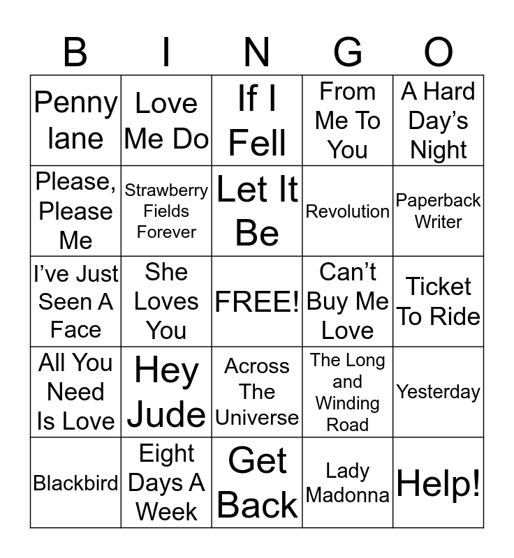 The Beatles Bingo Card