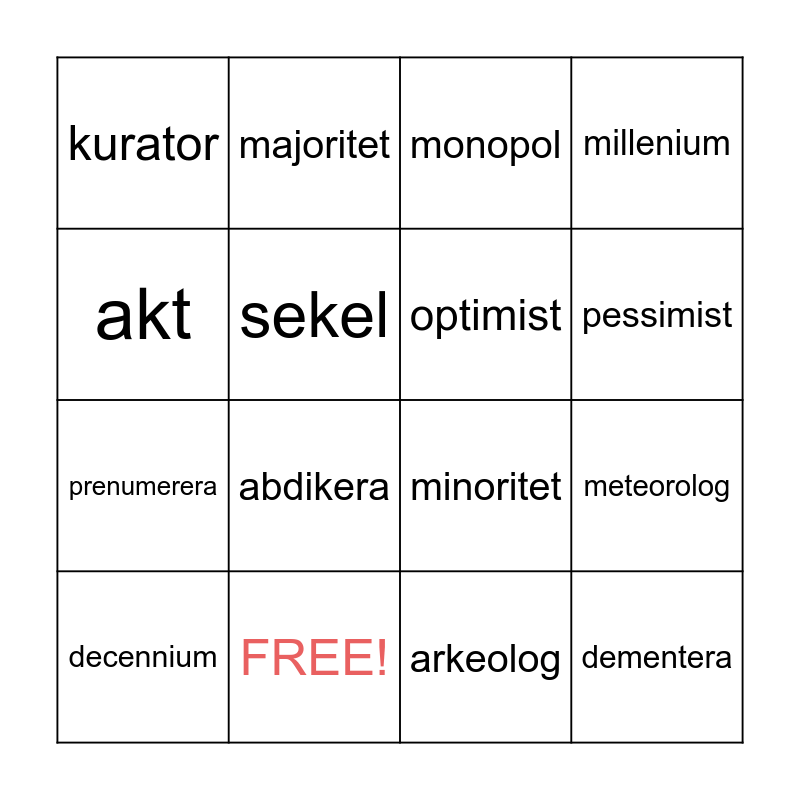 Ordkunskap 1 åk8 Bingo Card