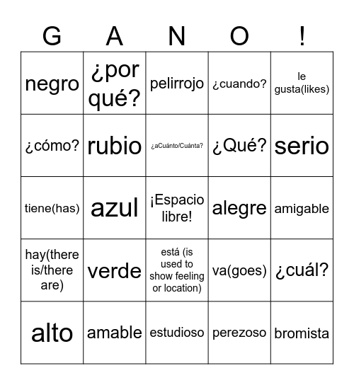 Spanish 2 - Vocab 1A with Question Words/Super 7 Bingo Card