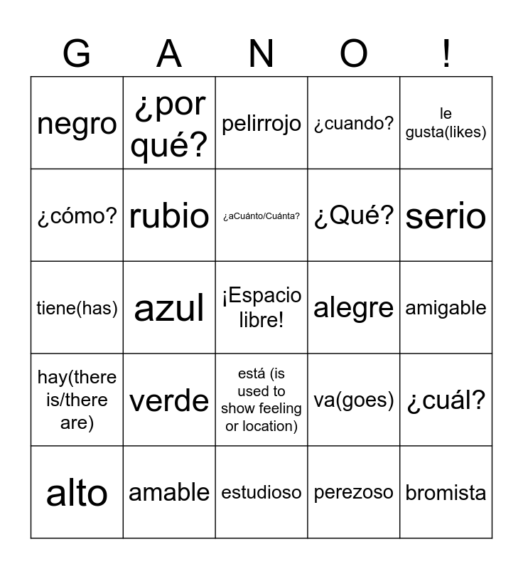 Spanish 2 - Vocab 1A with Question Words/Super 7 Bingo Card