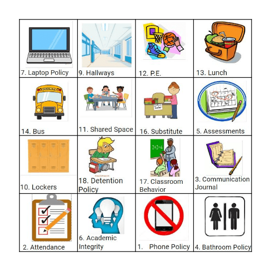 School Expectations & Policies Bingo Card