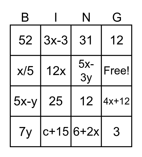 Expression & Functions Bingo Card