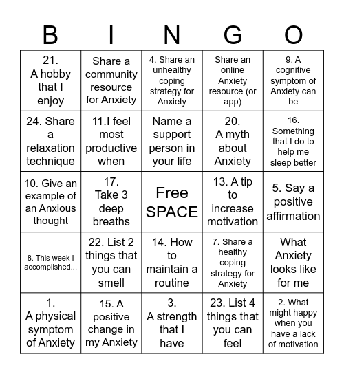 ANXIETY BINGO Card