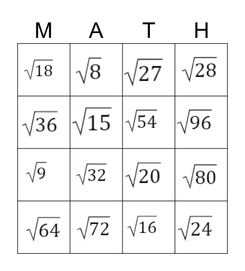 Simplifying Radicals Bingo Card