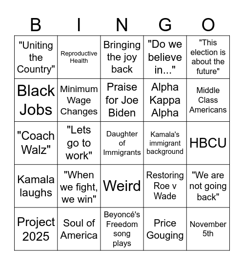Unity Democrats DNC Watch Party Bingo Card