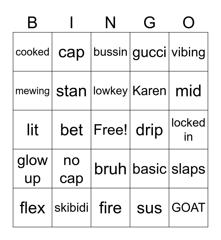 Gen-Alpha Slang Bingo Card