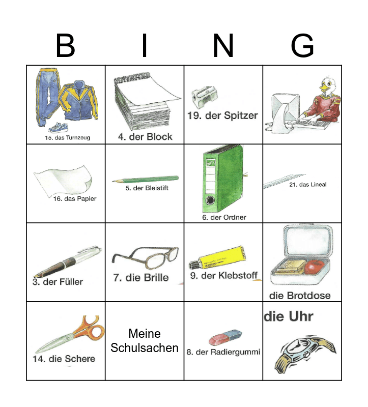 Schulsachen Bingo Card
