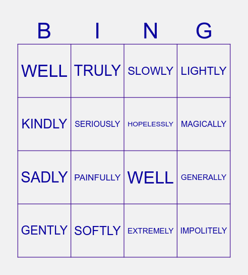 Adverbs of Manner Bingo Card