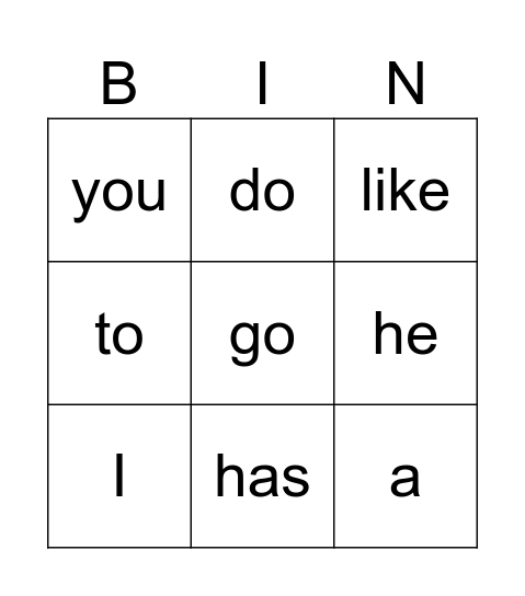 High Frequency Words Bingo Card
