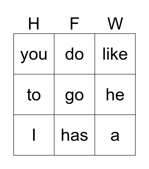 High Frequency Words- BINGO Card