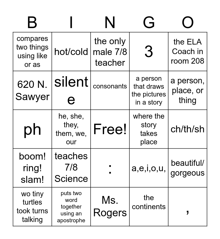 Day 1: ELA BINGO Card