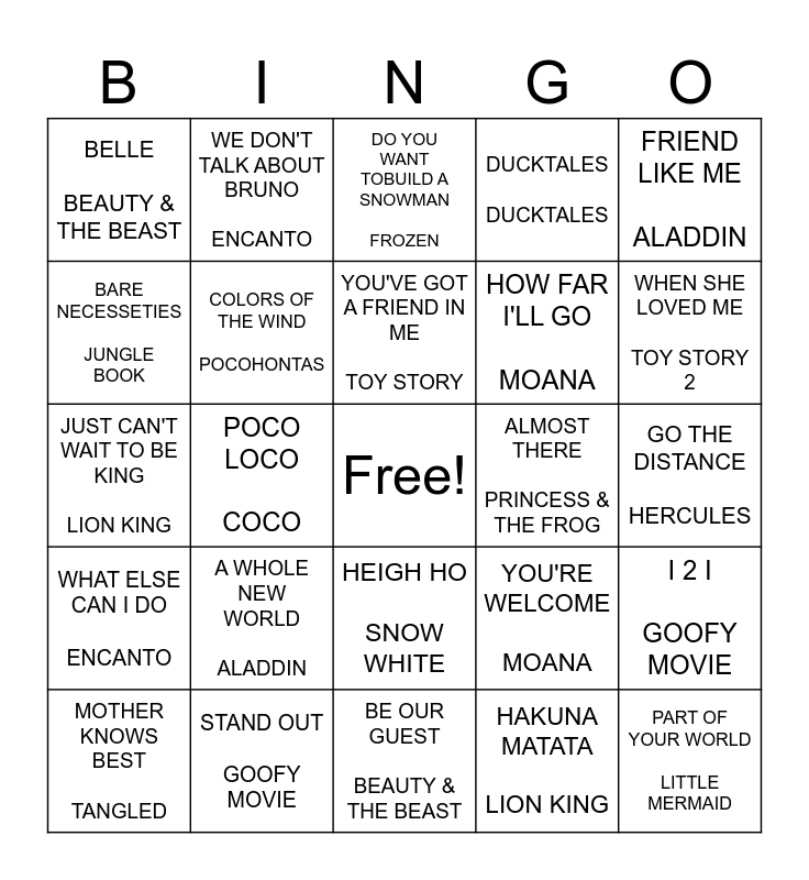 DISNEY MUSIC BINGO Card