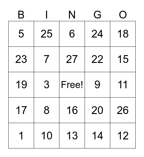 Les nombres 0 à 30 Bingo Card