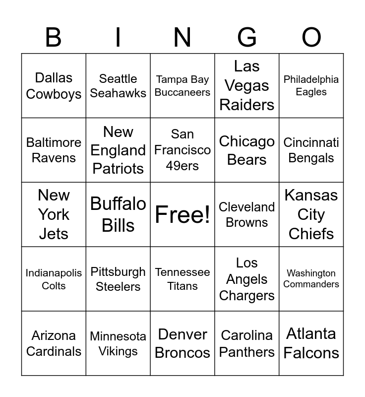 NFL BINGO Card