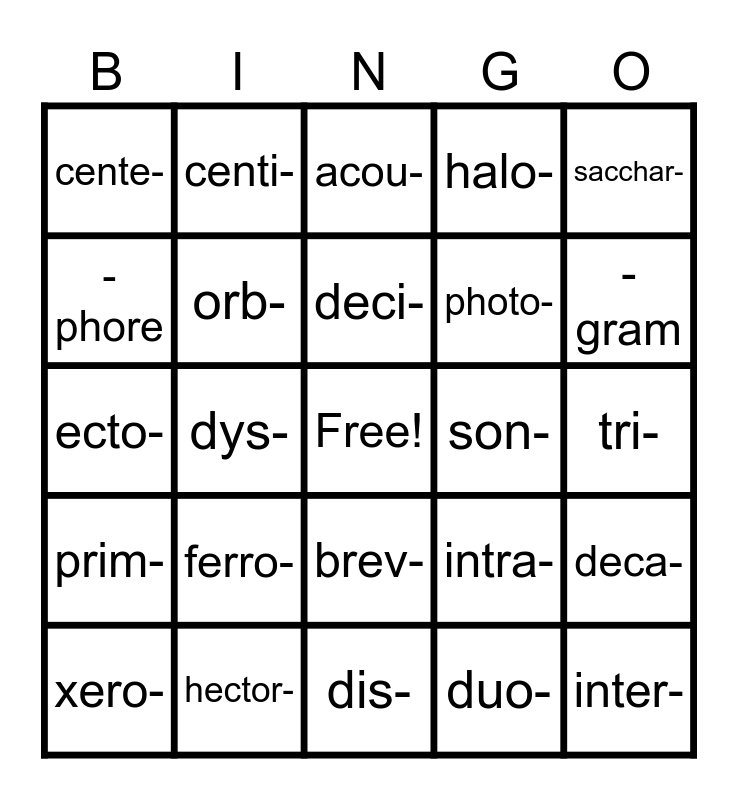 Science Prefix and Suffix PS Bingo Card