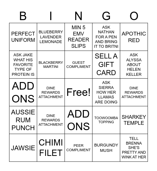 **DINGO BINGO** Bingo Card
