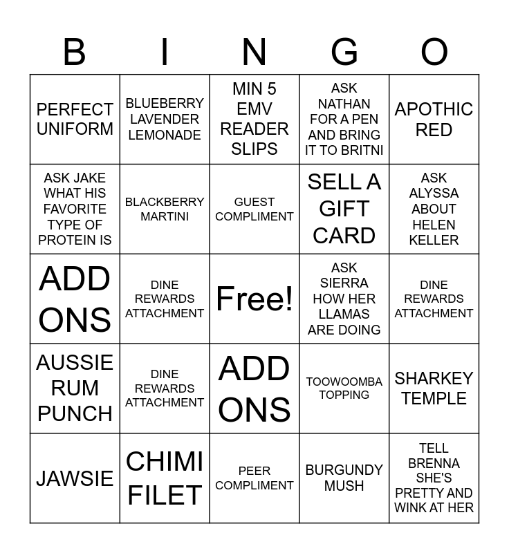 **DINGO BINGO** Bingo Card