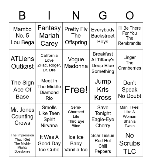 90s Music Bingo Card