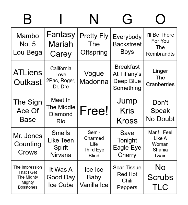 90s Music Bingo Card
