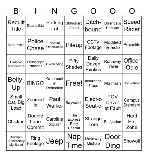 CAR CRASH BINGO Card