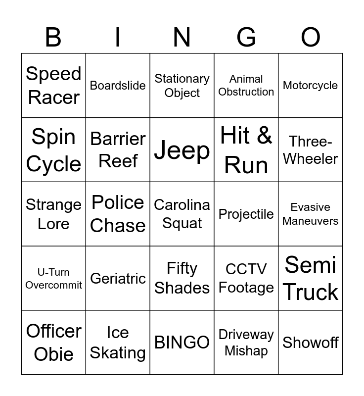 CAR CRASH BINGO Card