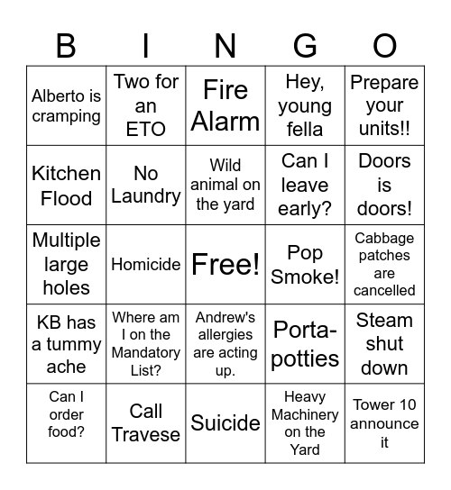 Second Shift Bingo Card