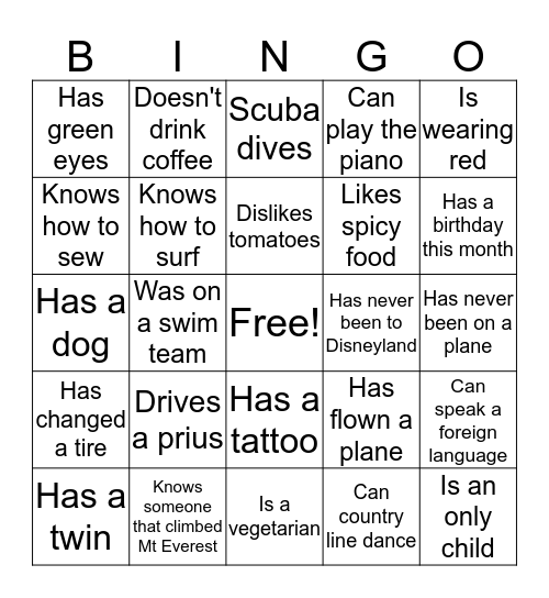 Ice Breaker Bingo Card