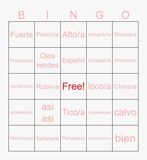 Spanish Bingo Card