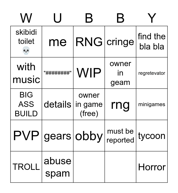 WUBBY BINGO Card