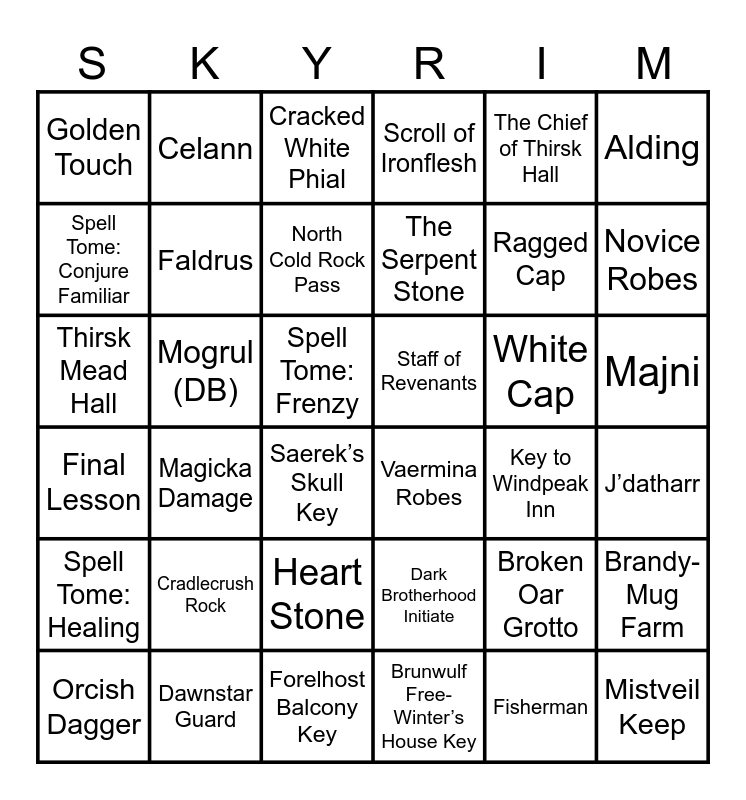 Skyrim Bingo Card